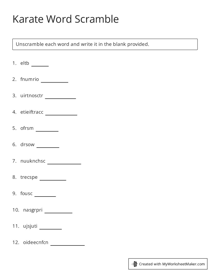 Karate Word Scramble - My Worksheet Maker: Create Your Own Worksheets