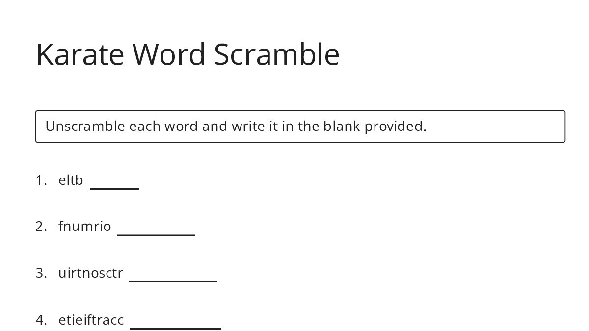 Karate Word Scramble - My Worksheet Maker: Create Your Own Worksheets