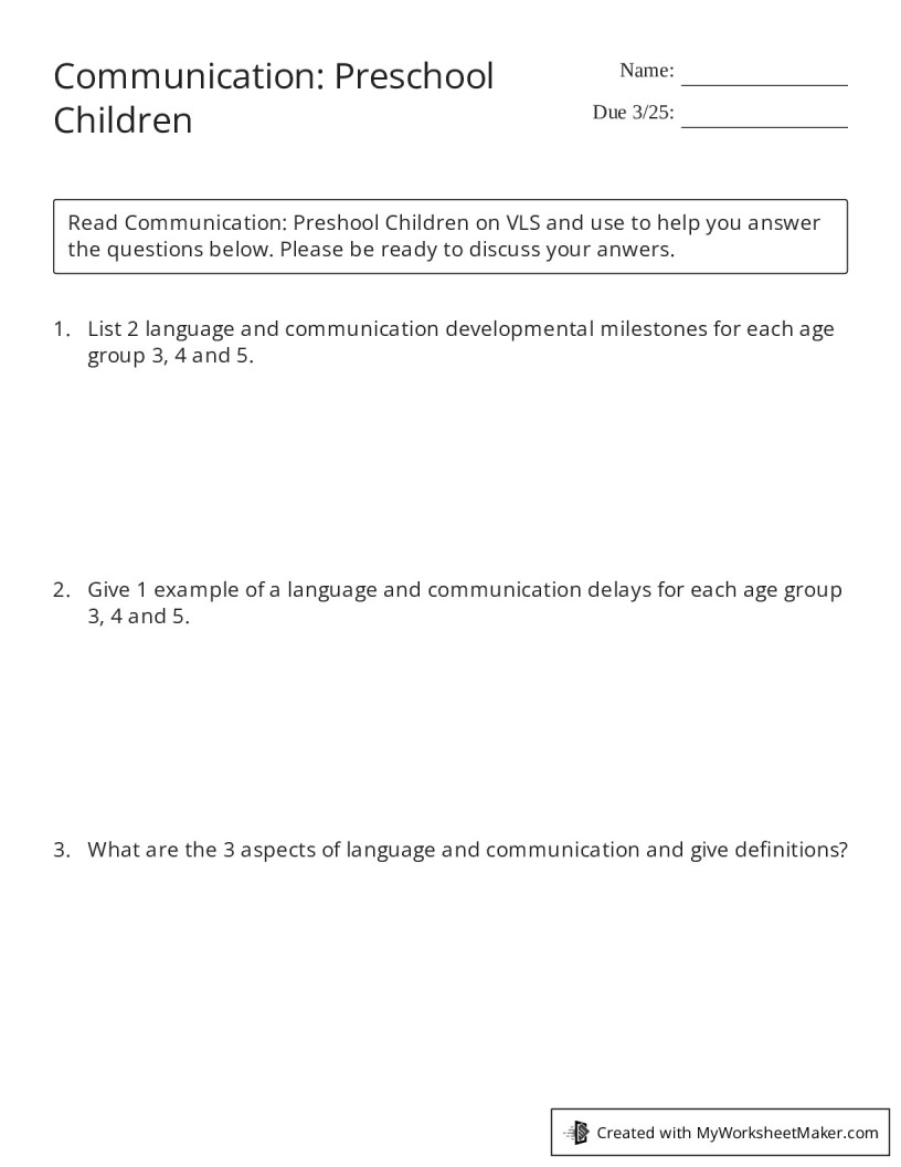 Communication: Preschool Children - My Worksheet Maker: Create Your Own ...