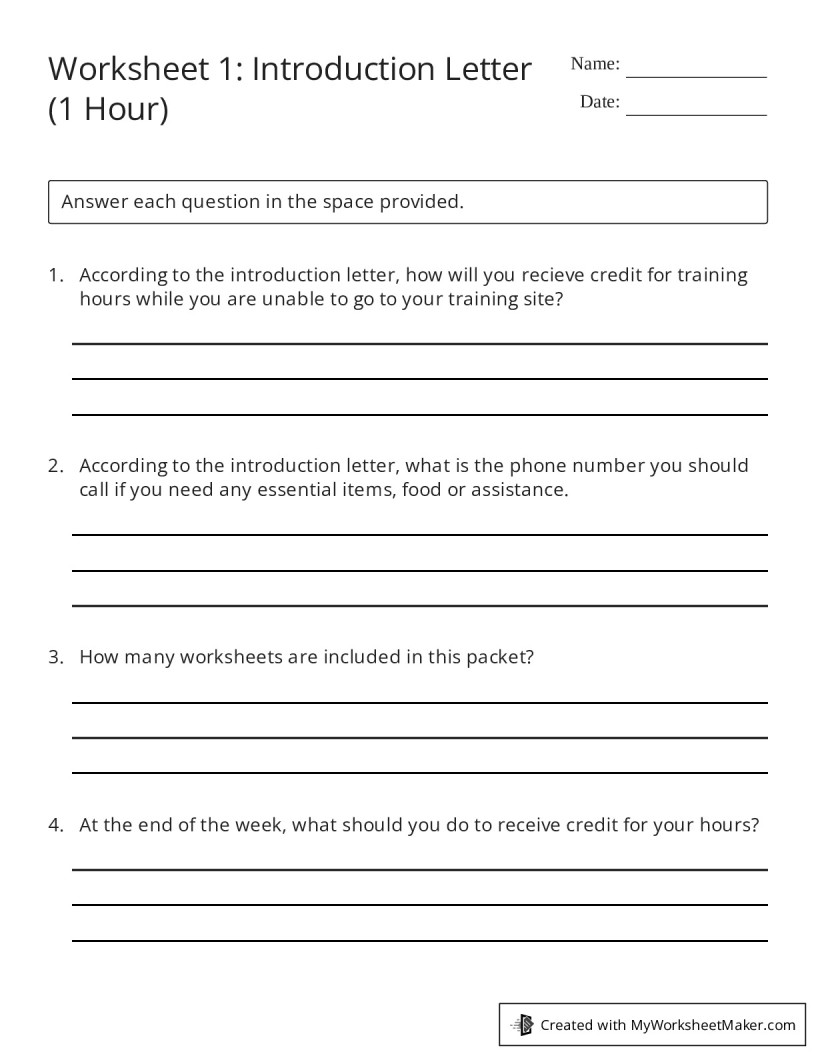 Worksheet 1: Introduction Letter (1 Hour) - My Worksheet Maker: Create ...