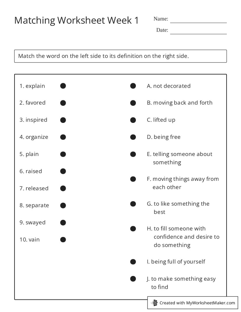 Matching Worksheet Week 1 - My Worksheet Maker: Create Your Own Worksheets