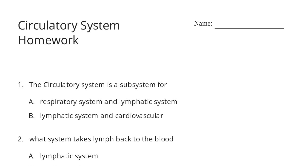 Circulatory System Homework - My Worksheet Maker: Create Your Own ...