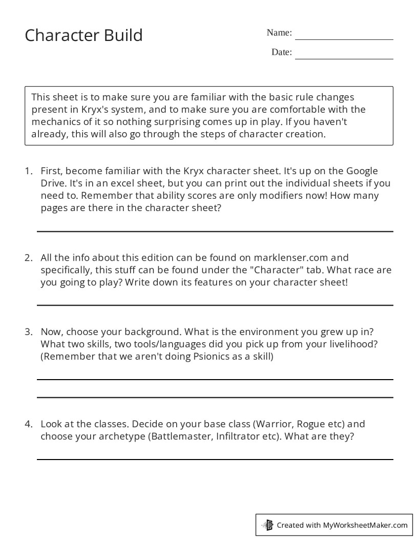 Character Build - My Worksheet Maker: Create Your Own Worksheets