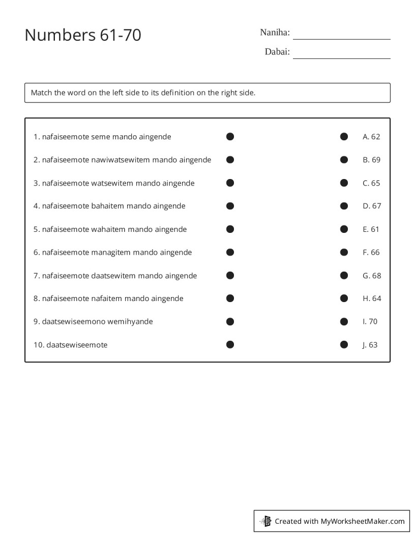 Numbers 61-70 - My Worksheet Maker: Create Your Own Worksheets
