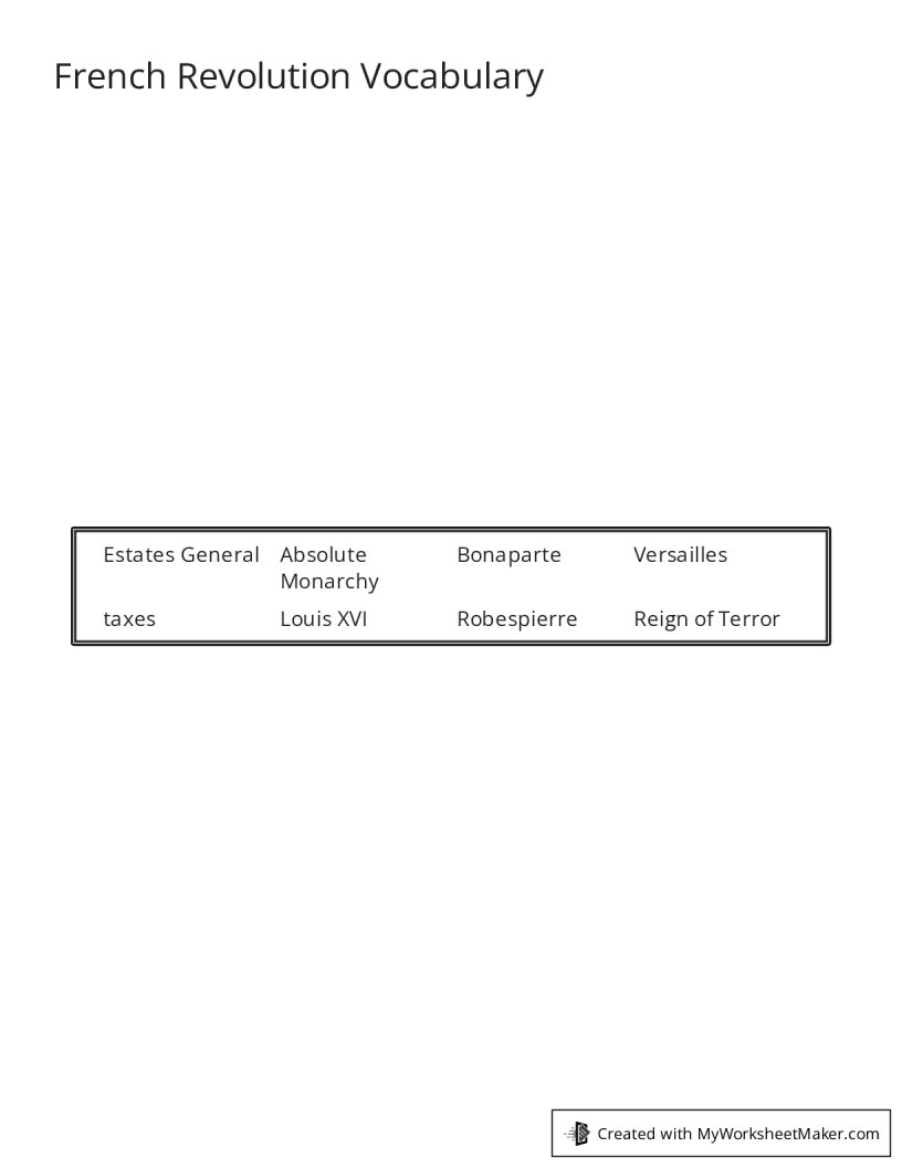 French Revolution Vocabulary - My Worksheet Maker: Create Your Own ...