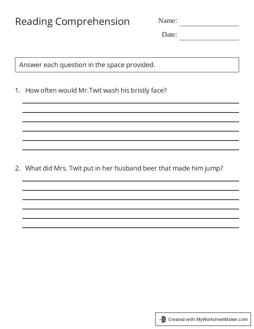 Reading Comprehension - My Worksheet Maker: Create Your Own Worksheets