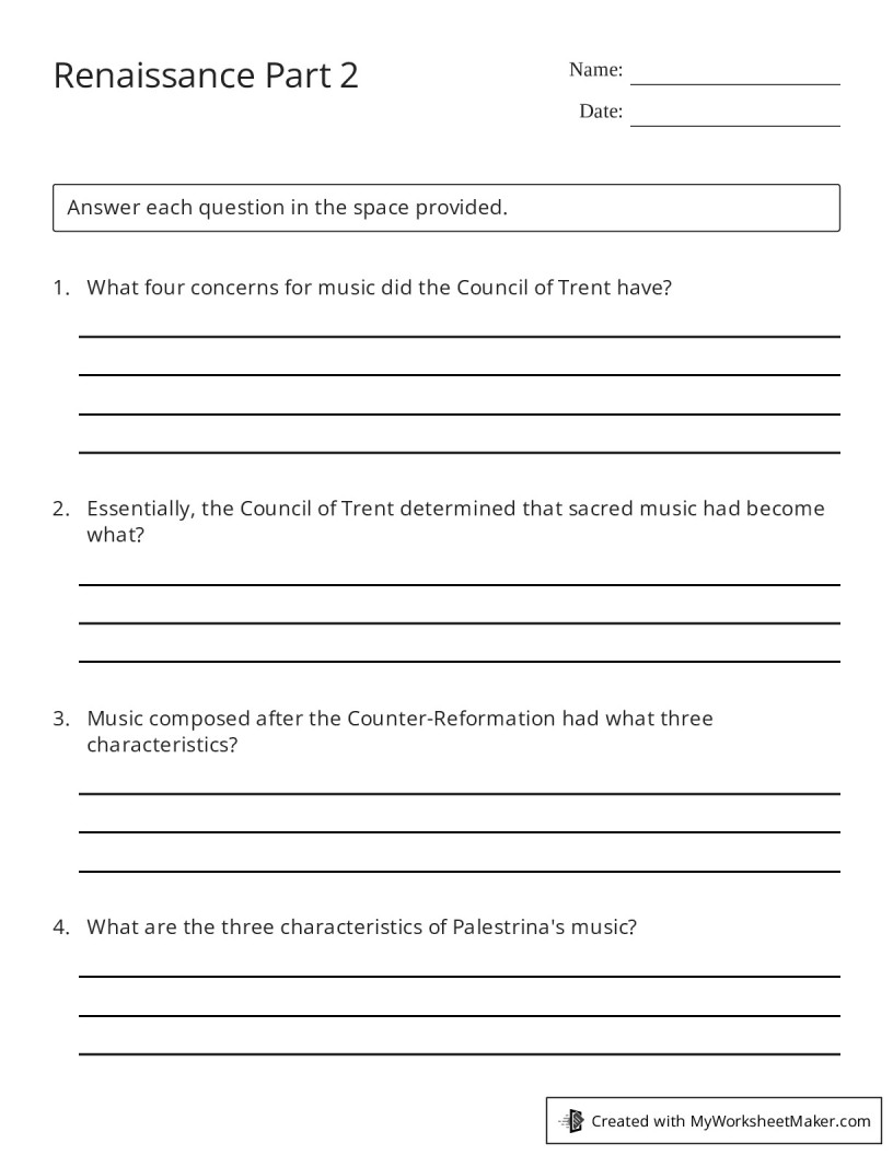Renaissance Part 2 - My Worksheet Maker: Create Your Own Worksheets