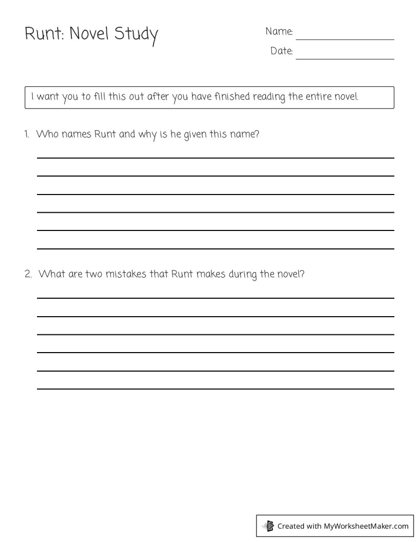 Runt: Novel Study - My Worksheet Maker: Create Your Own Worksheets