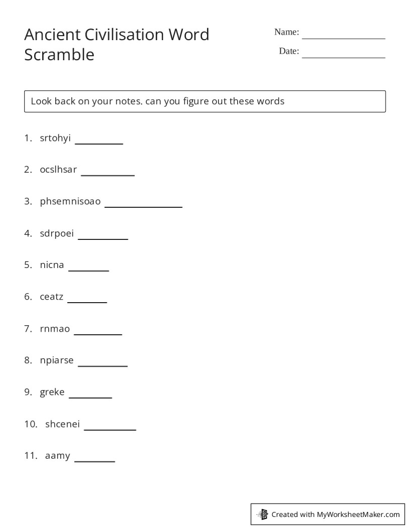 Ancient Civilisation Word Scramble - My Worksheet Maker: Create Your ...