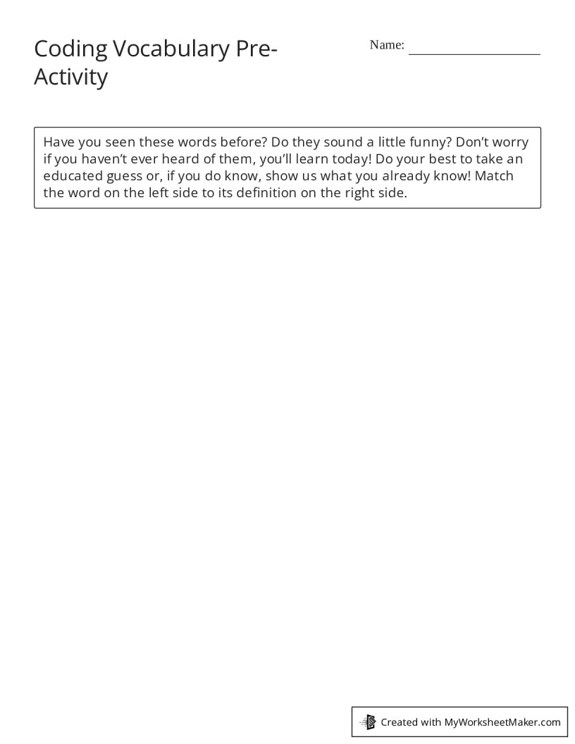 Coding Vocabulary Pre-Activity - My Worksheet Maker: Create Your Own ...