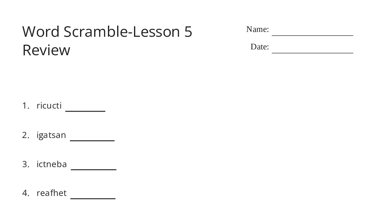 Word Scramble-Lesson 5 Review - My Worksheet Maker: Create Your Own ...