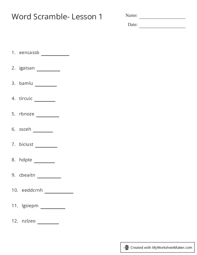 Word Scramble- Lesson 1 - My Worksheet Maker: Create Your Own Worksheets