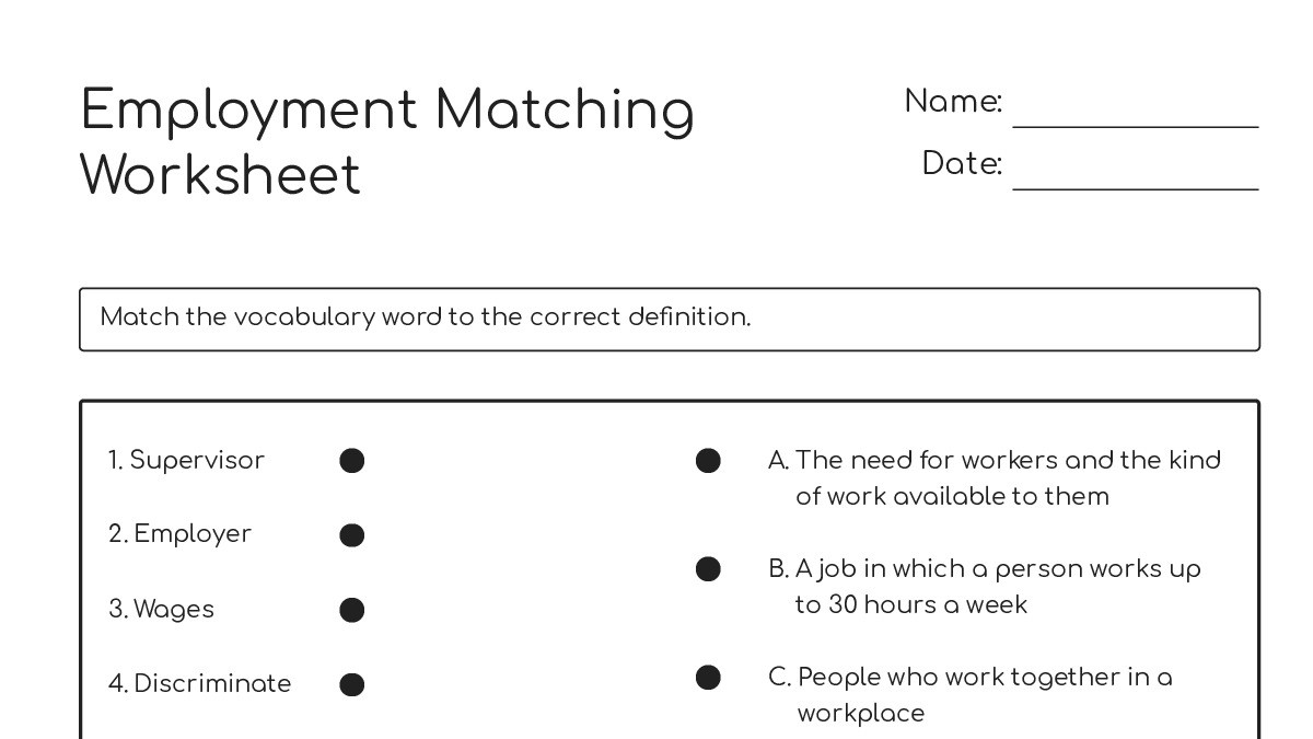 Employment Matching Worksheet - My Worksheet Maker: Create Your Own ...