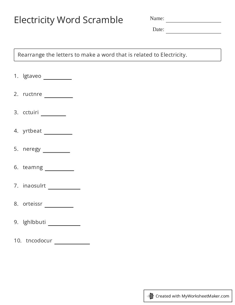 Electricity Word Scramble - My Worksheet Maker: Create Your Own Worksheets