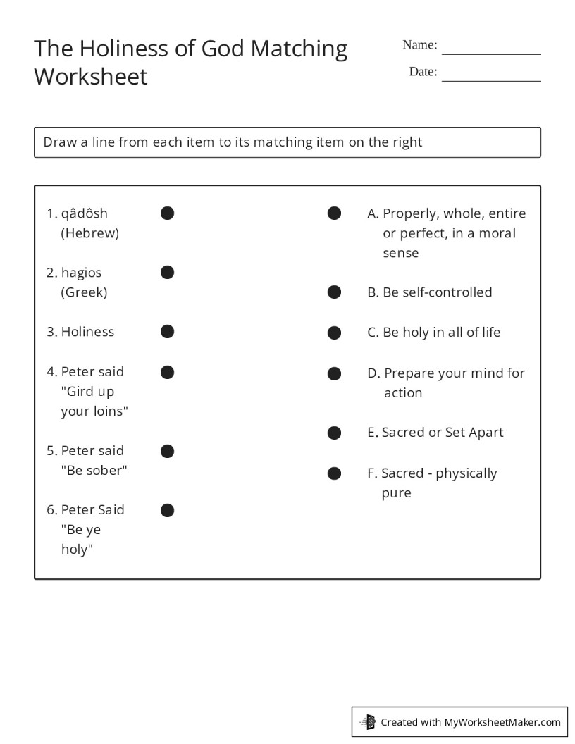 The Holiness of God Matching Worksheet - My Worksheet Maker: Create ...