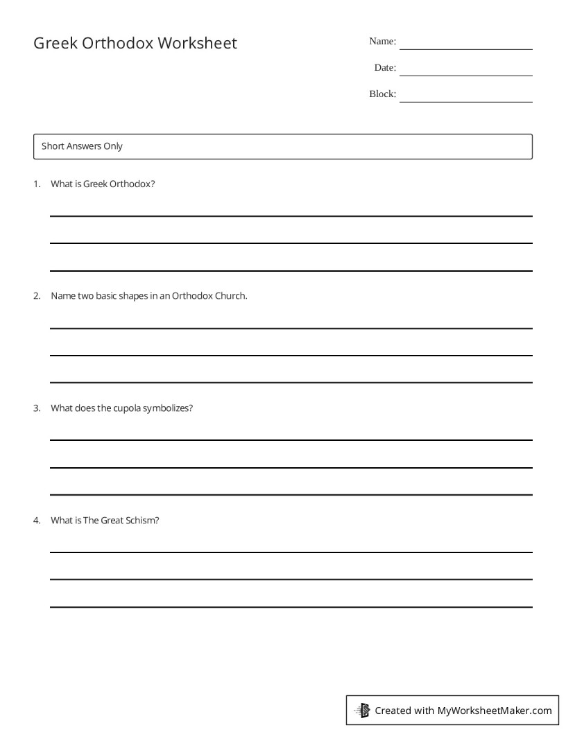 Greek Orthodox Worksheet - My Worksheet Maker: Create Your Own Worksheets