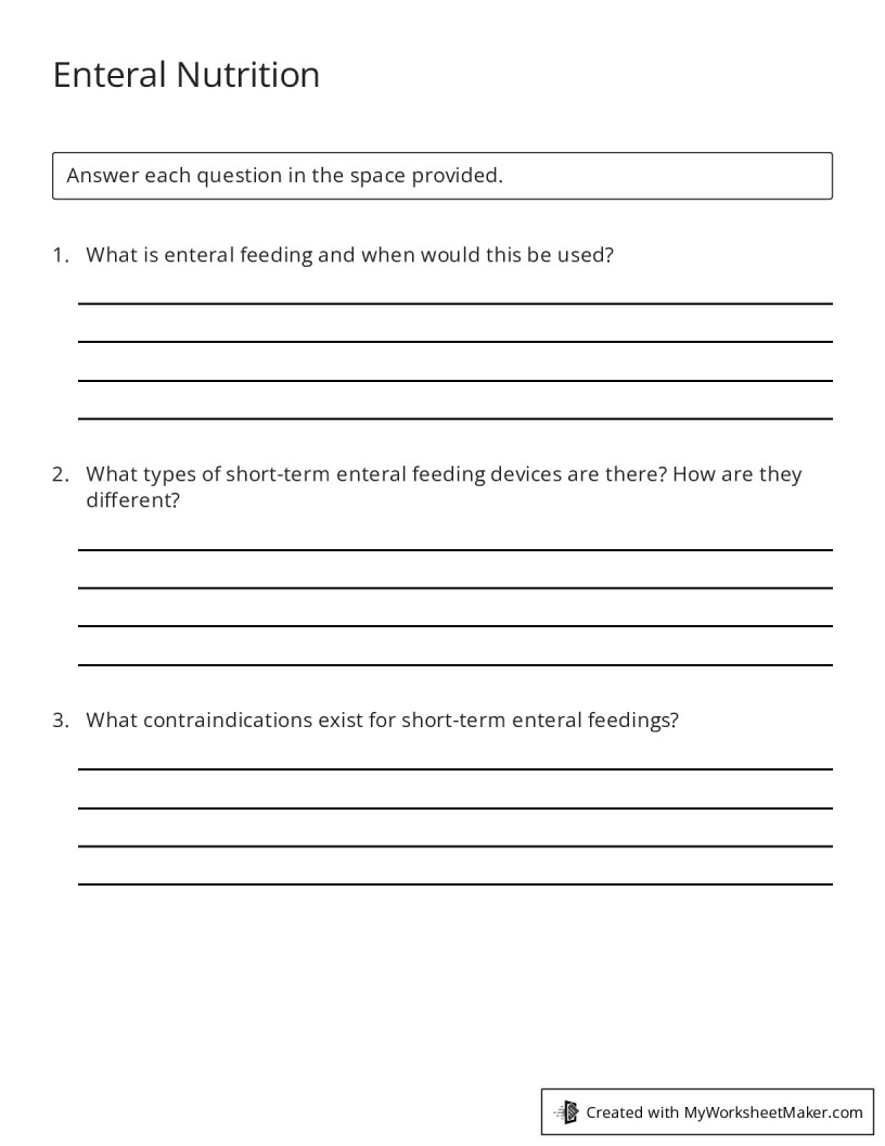 Enteral Nutrition - My Worksheet Maker: Create Your Own Worksheets
