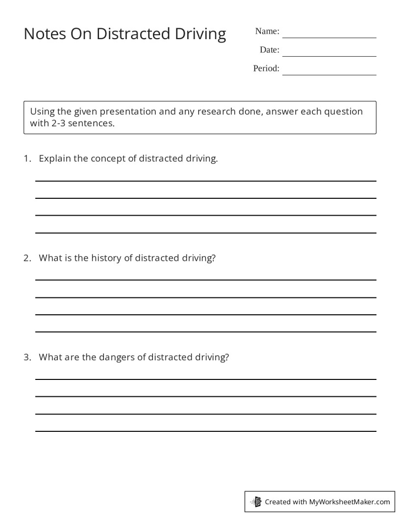 Notes On Distracted Driving - My Worksheet Maker: Create Your Own ...