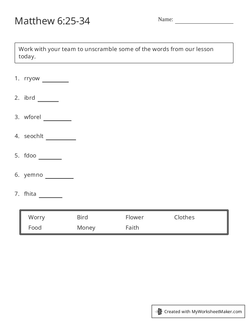 Matthew 6 Worksheets