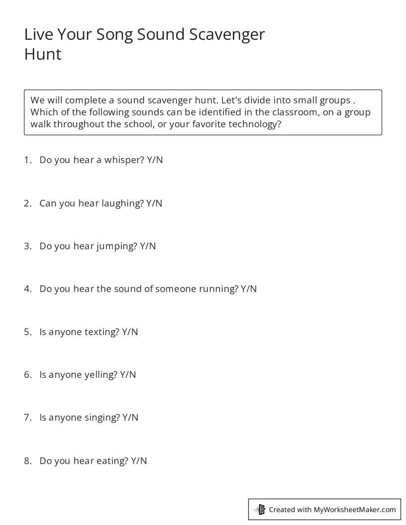 Live Your Song Sound Scavenger Hunt - My Worksheet Maker: Create Your ...