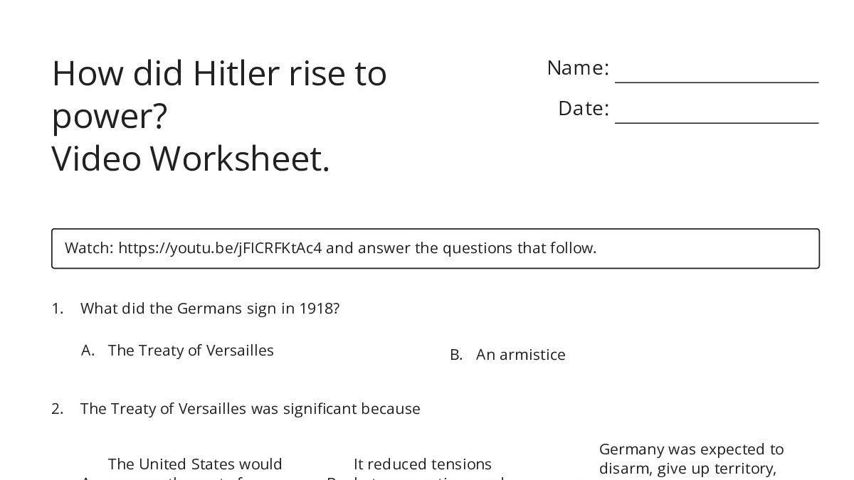 How did Hitler rise to power? Video Worksheet. - My Worksheet Maker ...