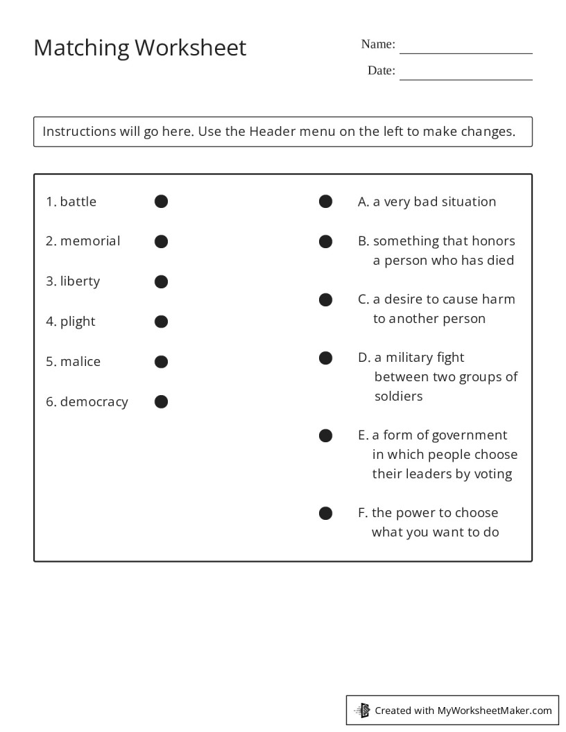 Matching Worksheet - My Worksheet Maker: Create Your Own Worksheets
