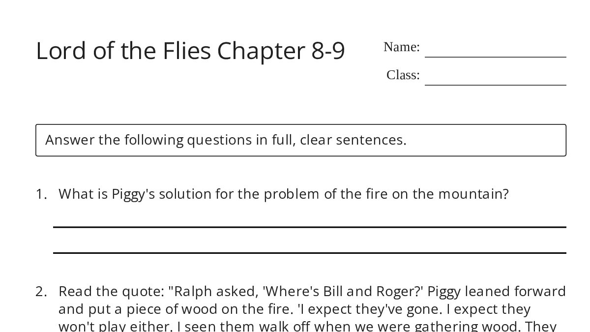 Lord of the Flies Chapter 8-9 - My Worksheet Maker: Create Your Own ...