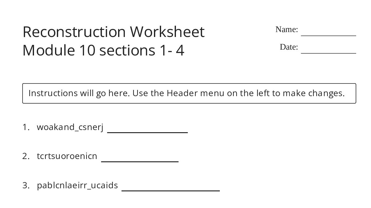 Reconstruction Worksheet Module 10 sections 1- 4 - My Worksheet Maker ...