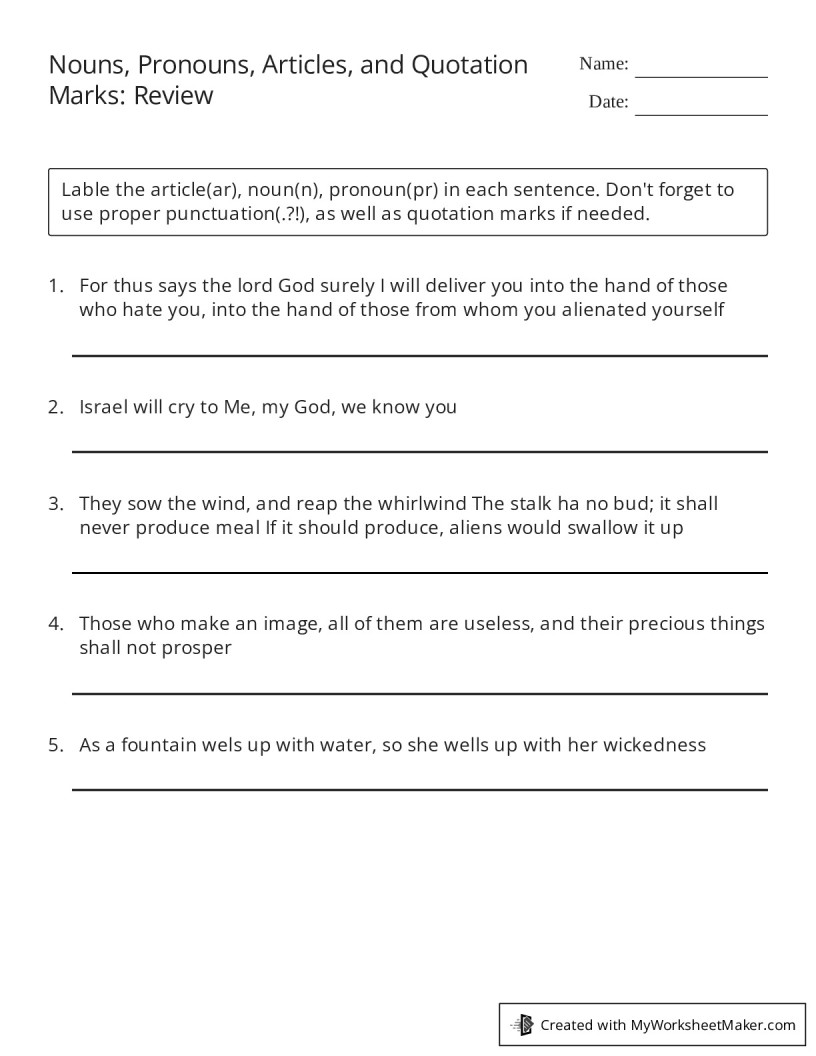Nouns, Pronouns, Articles, and Quotation Marks: Review - My Worksheet ...