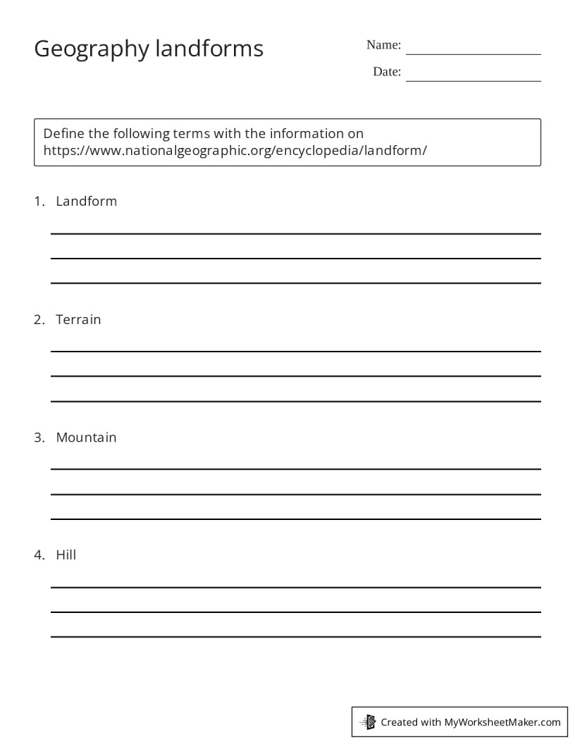Geography landforms - My Worksheet Maker: Create Your Own Worksheets