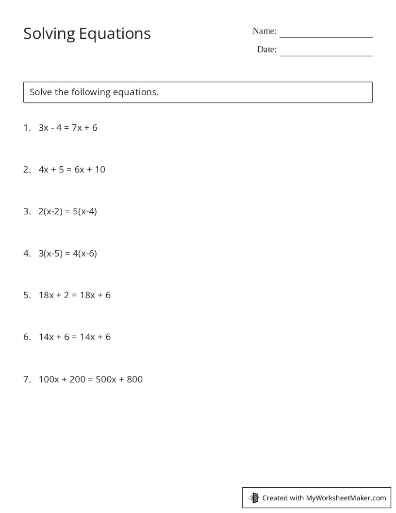 Solving Equations - My Worksheet Maker: Create Your Own Worksheets