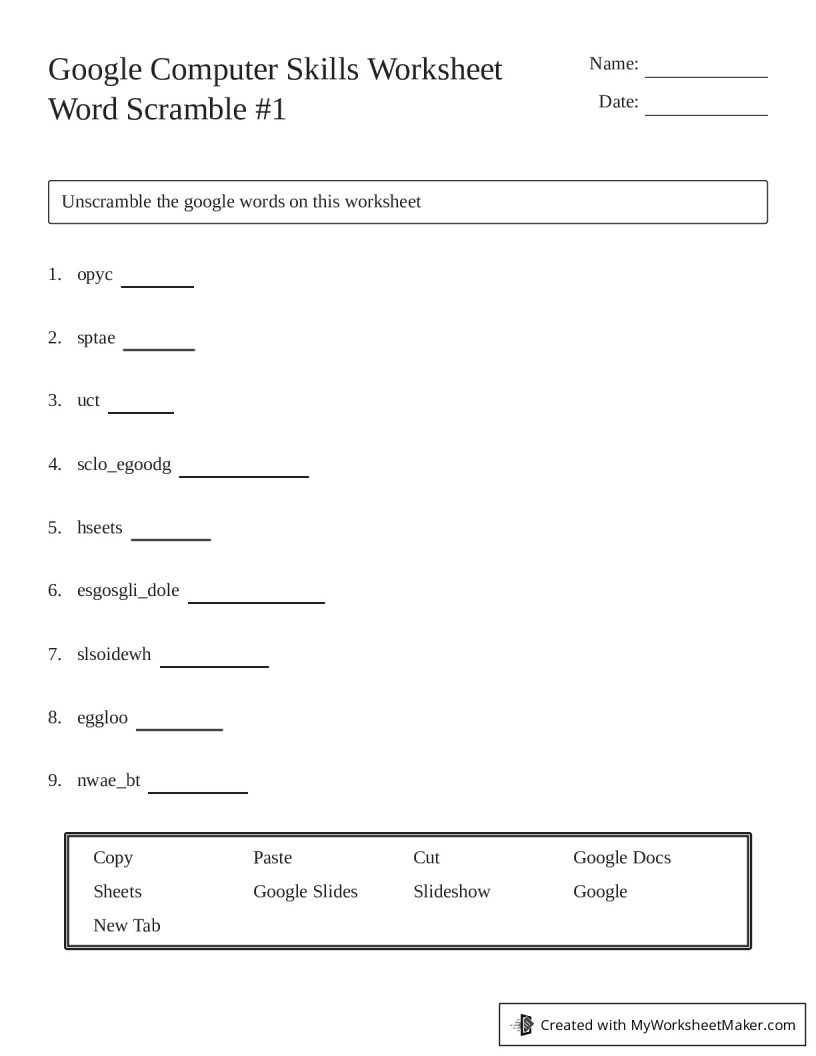 Google Computer Skills Worksheet Word Scramble #1 - My Worksheet Maker: Create Your Own Worksheets