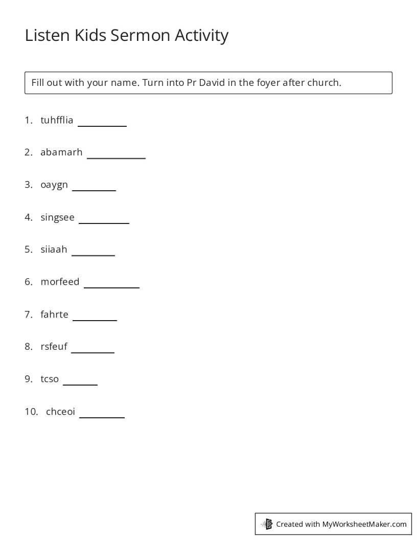Listen Kids Sermon Activity - My Worksheet Maker: Create Your Own ...