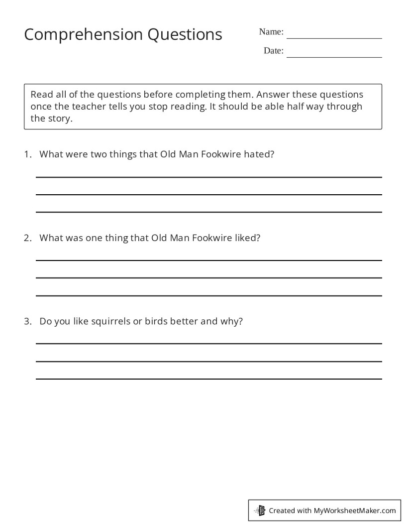 Comprehension Questions - My Worksheet Maker: Create Your Own Worksheets