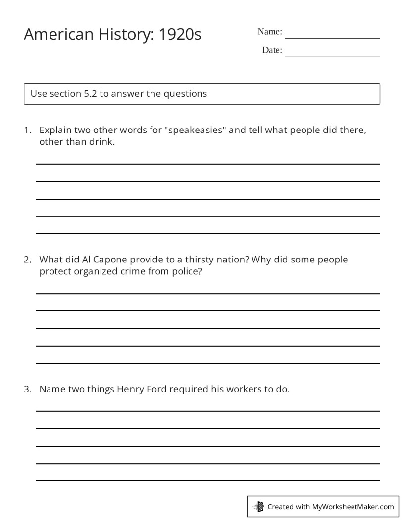 American History: 1920s - My Worksheet Maker: Create Your Own Worksheets