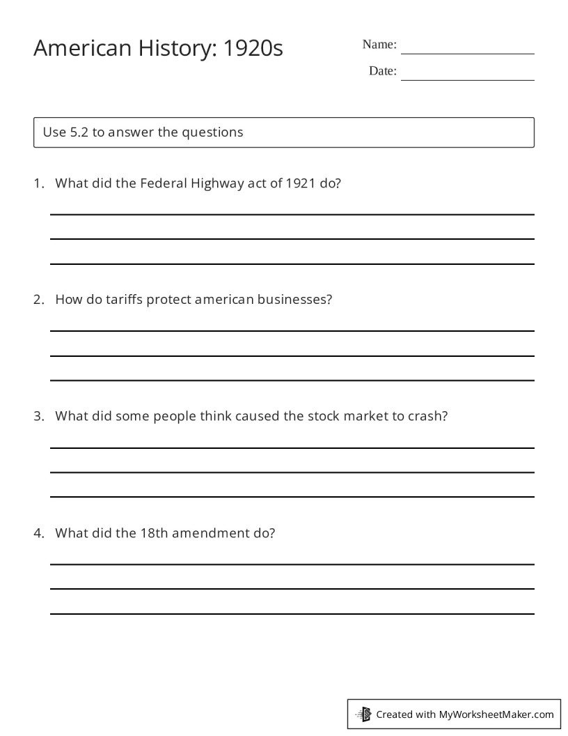 American History: 1920s - My Worksheet Maker: Create Your Own Worksheets