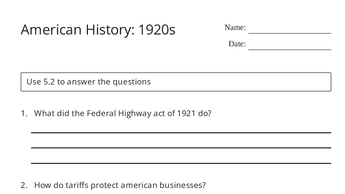 American History: 1920s - My Worksheet Maker: Create Your Own Worksheets
