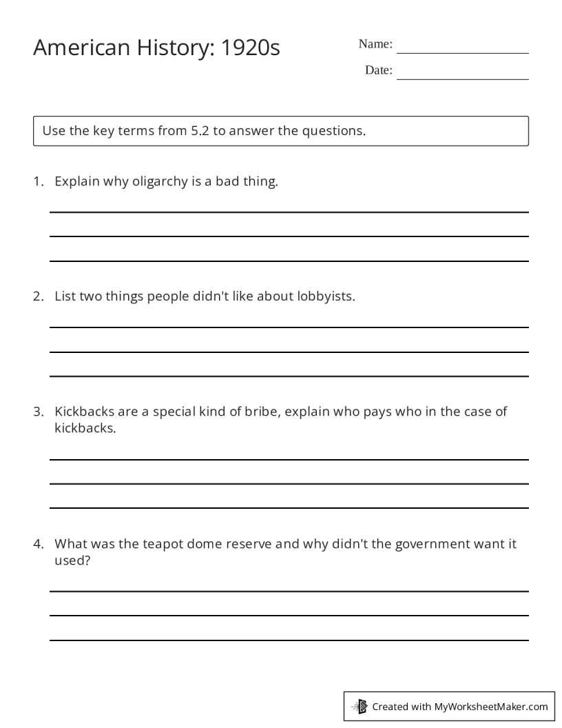American History: 1920s - My Worksheet Maker: Create Your Own Worksheets