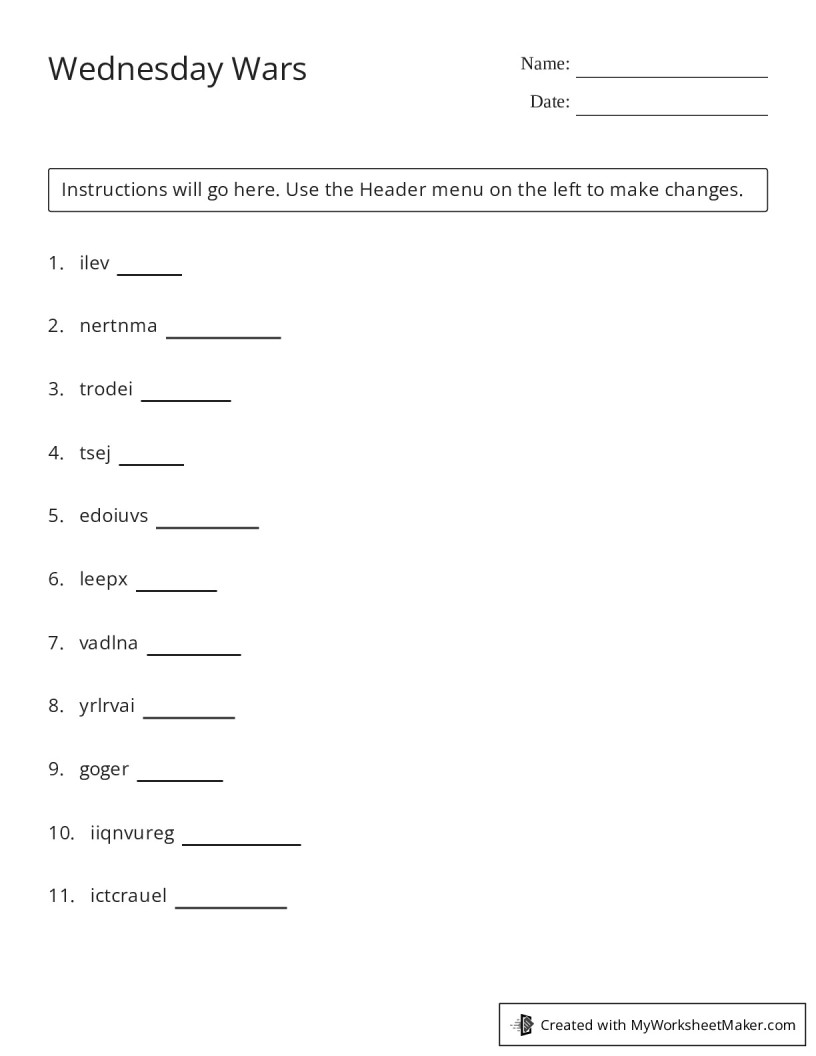 Wednesday Wars - My Worksheet Maker: Create Your Own Worksheets