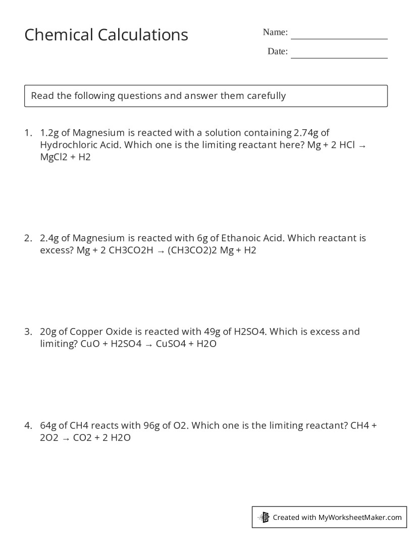 Chemical Calculations - My Worksheet Maker: Create Your Own Worksheets