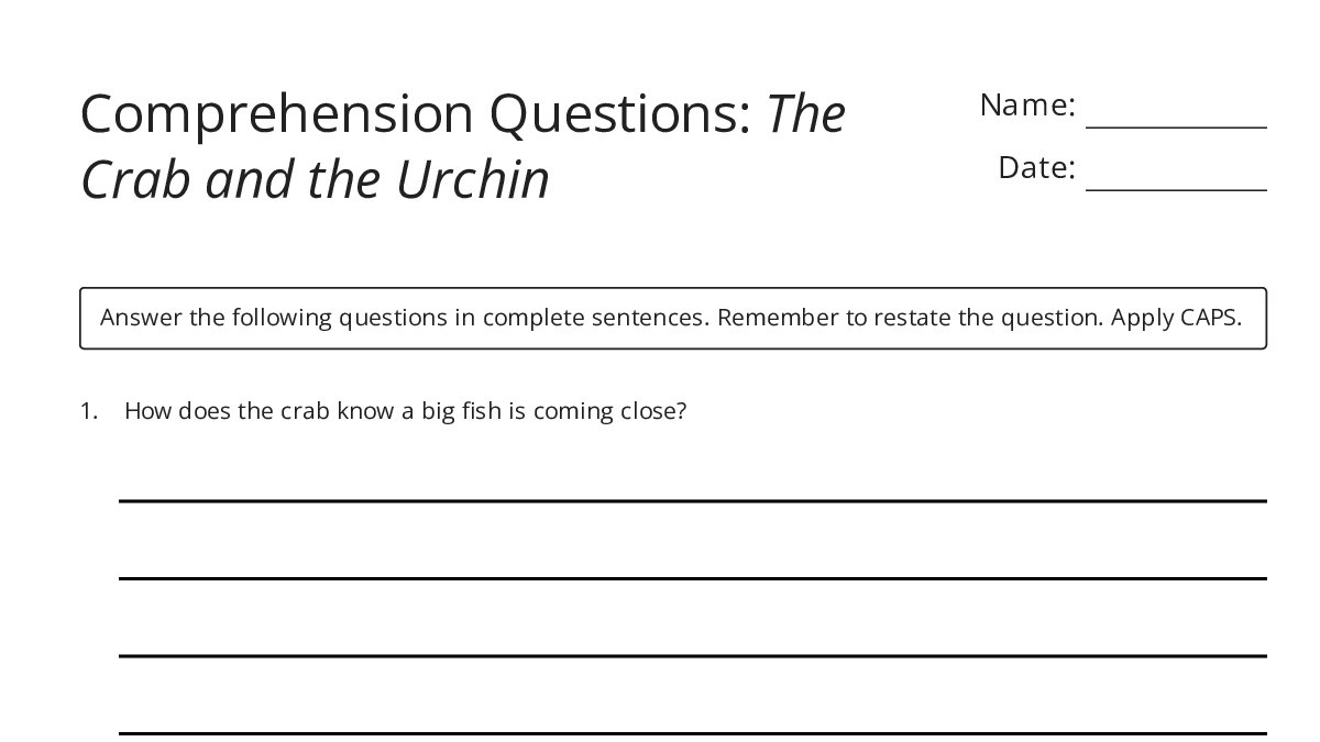 Comprehension Questions: The Crab and the Urchin - My Worksheet Maker ...