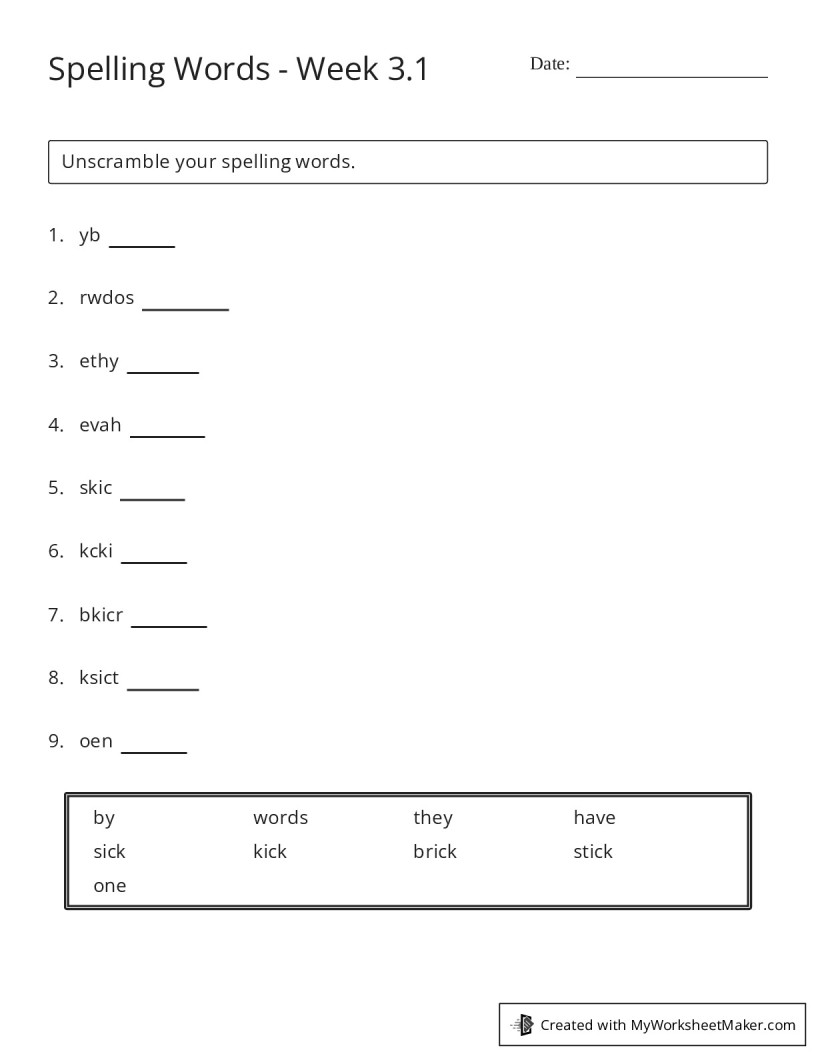 Spelling Words - Week 3.1 - My Worksheet Maker: Create Your Own Worksheets