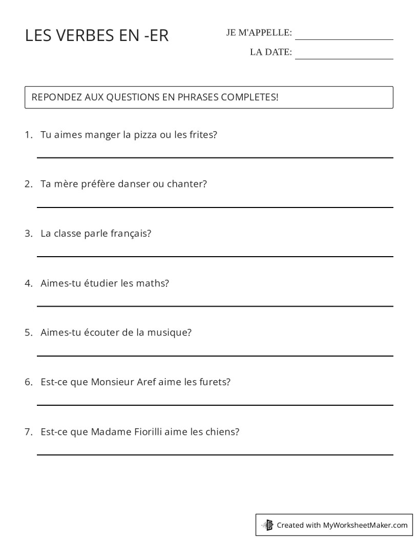 LES VERBES EN -ER - My Worksheet Maker: Create Your Own Worksheets