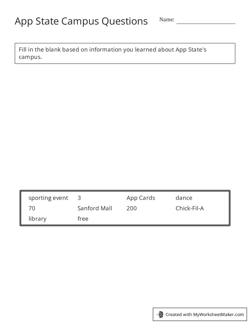 App State Campus Questions - My Worksheet Maker: Create Your Own Worksheets
