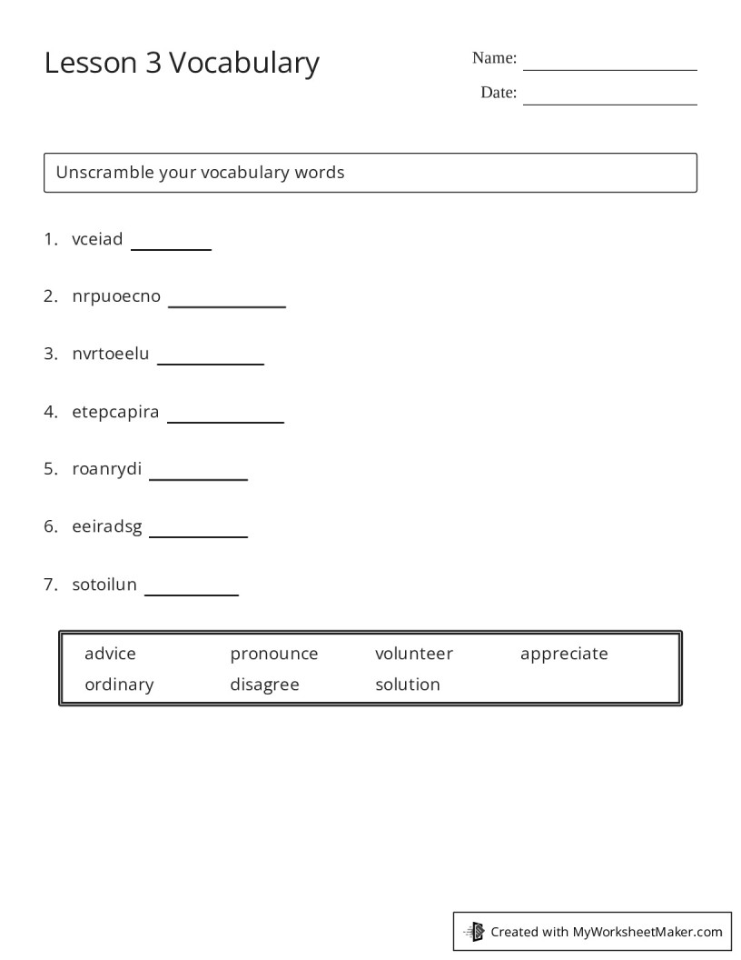 Lesson 3 Vocabulary - My Worksheet Maker: Create Your Own Worksheets