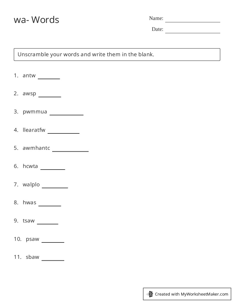 wa- Words - My Worksheet Maker: Create Your Own Worksheets