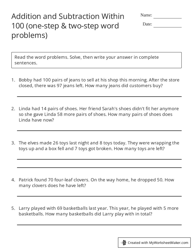 Addition and Subtraction Within 100 (one-step & two-step word problems ...