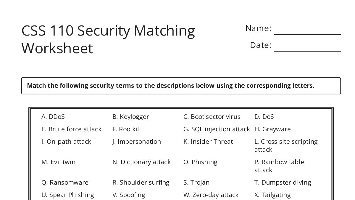 CSS 110 Security Matching Worksheet - My Worksheet Maker: Create Your ...