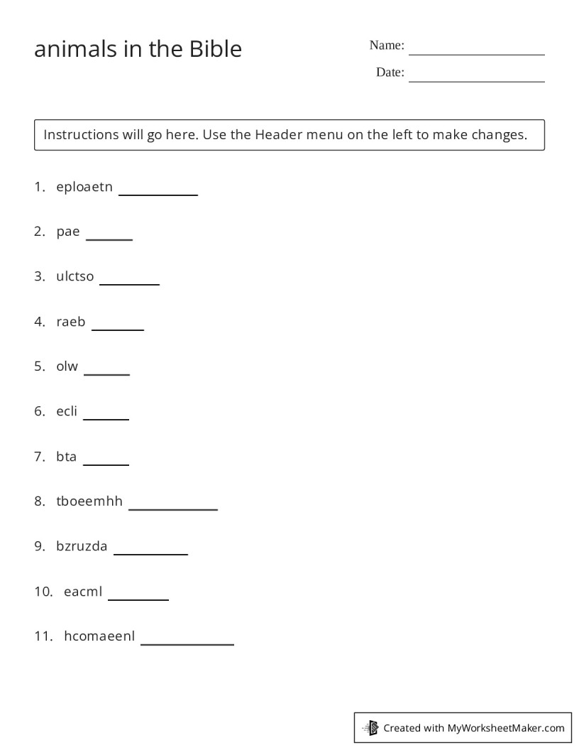 animals in the Bible - My Worksheet Maker: Create Your Own Worksheets