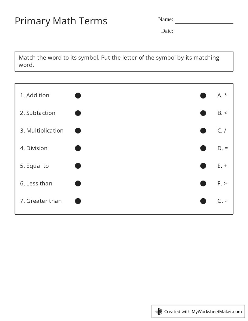 Primary Math Terms - My Worksheet Maker: Create Your Own Worksheets